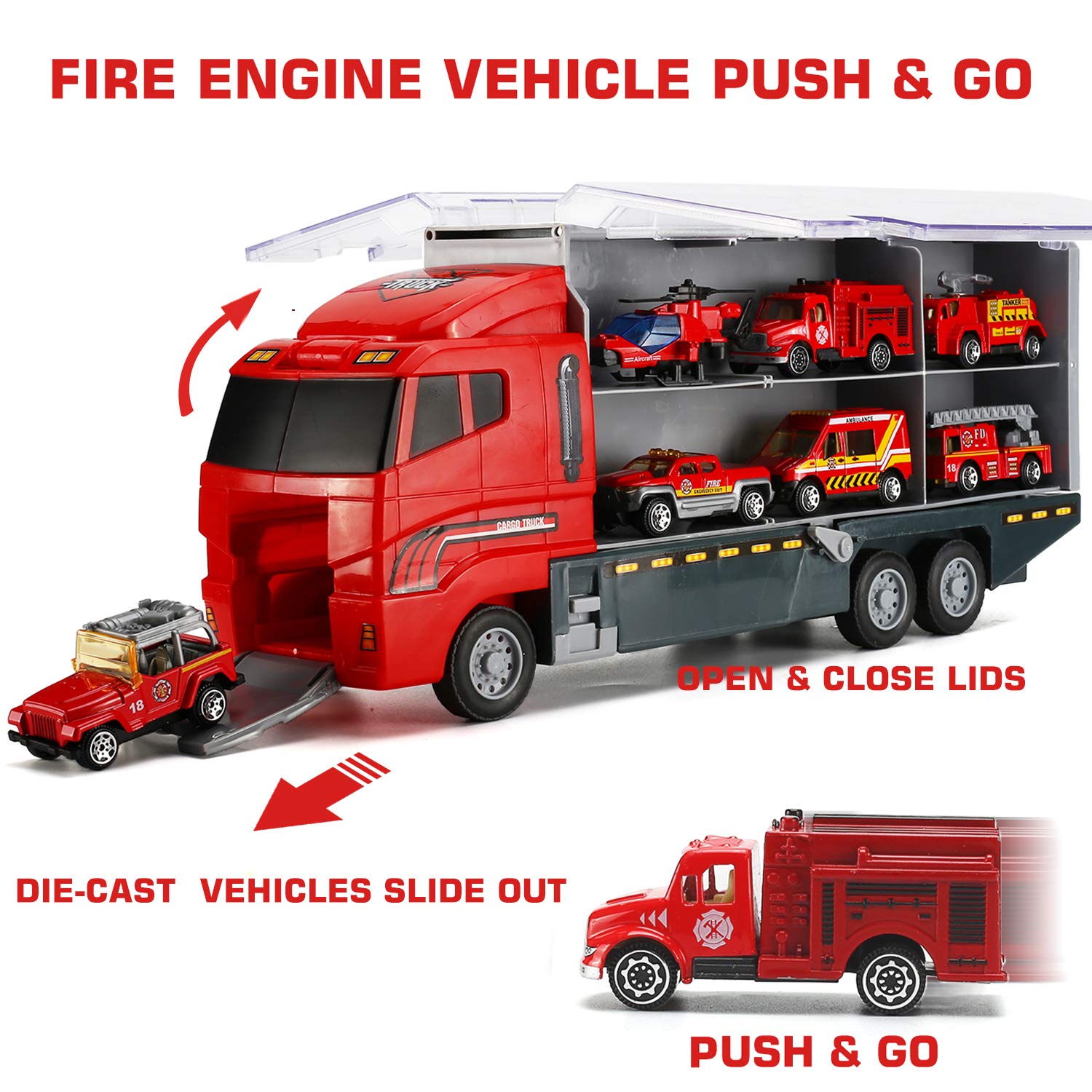 19 Pcs Fire Truck with Firefighter Toy Set, Mini Die-cast Fire Engine Car in Carrier Truck, Mini Rescue Emergency Double Side Transport Vehicle for Kid Child Boy Girl Birthday Christmas Party Favors