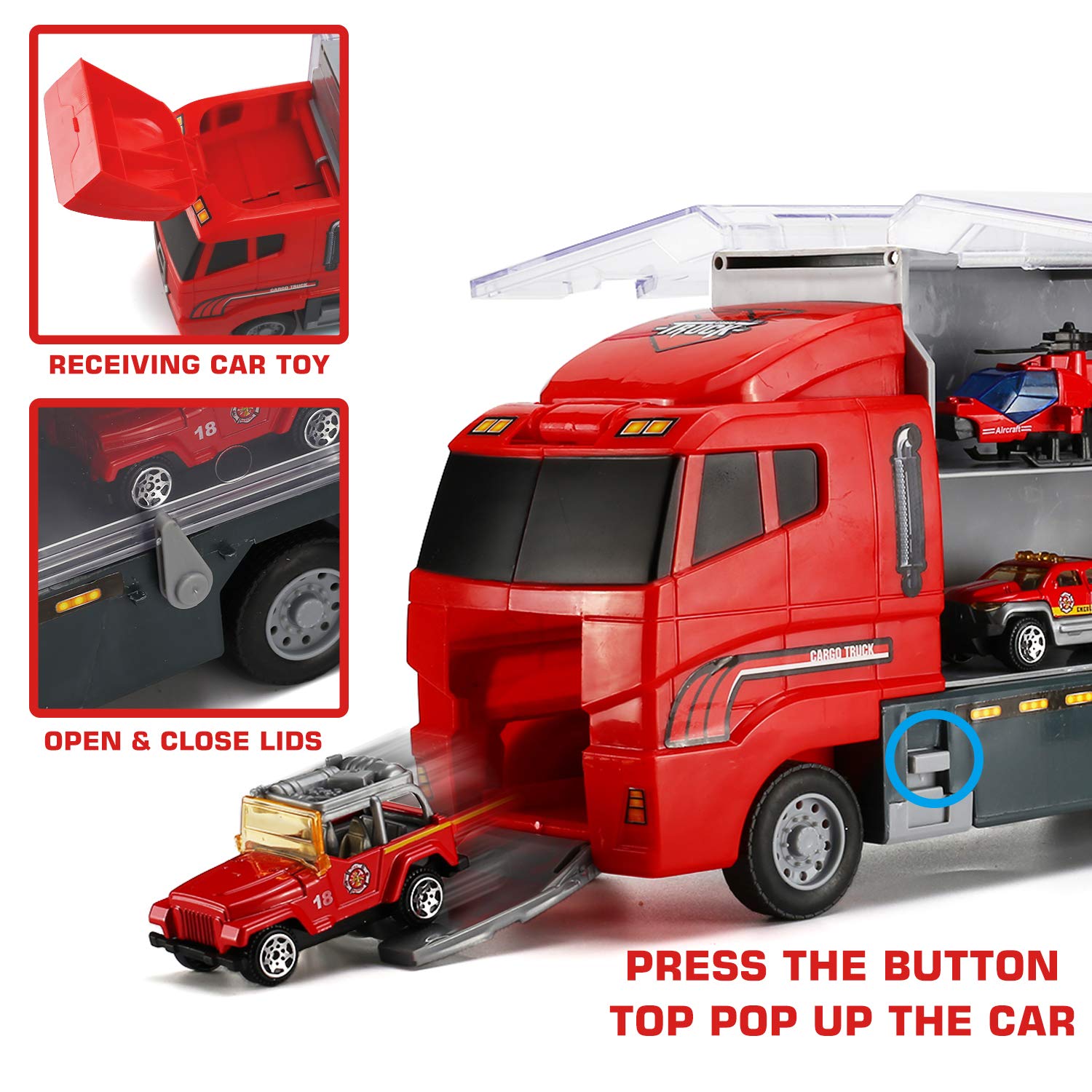 19 Pcs Fire Truck with Firefighter Toy Set, Mini Die-cast Fire Engine Car in Carrier Truck, Mini Rescue Emergency Double Side Transport Vehicle for Kid Child Boy Girl Birthday Christmas Party Favors