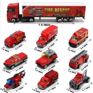 19 Pcs Fire Truck with Firefighter Toy Set, Mini Die-cast Fire Engine Car in Carrier Truck, Mini Rescue Emergency Double Side Transport Vehicle for Kid Child Boy Girl Birthday Christmas Party Favors