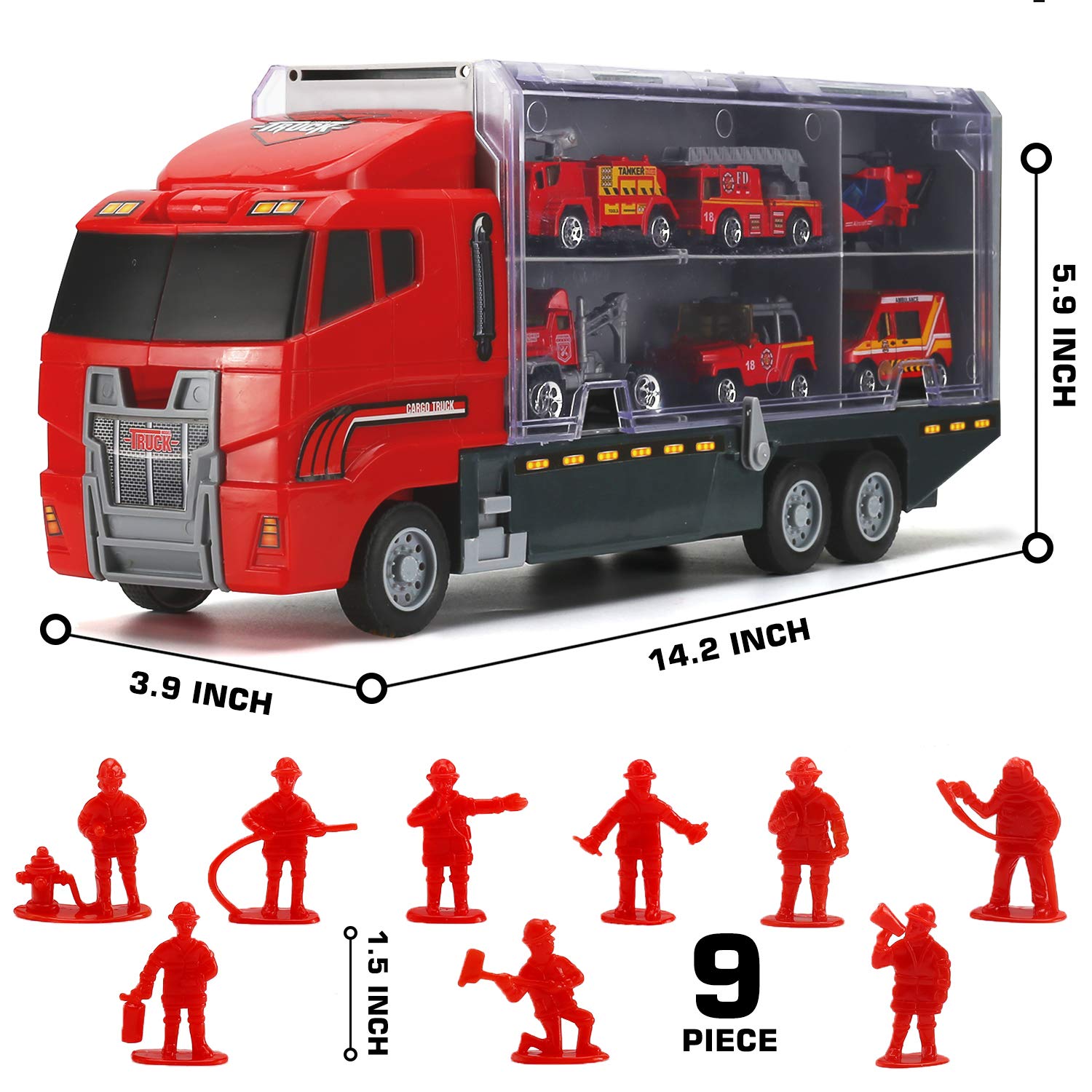 19 Pcs Fire Truck with Firefighter Toy Set, Mini Die-cast Fire Engine Car in Carrier Truck, Mini Rescue Emergency Double Side Transport Vehicle for Kid Child Boy Girl Birthday Christmas Party Favors