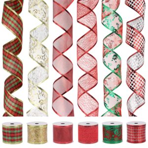 vatin christmas ribbon,wired holiday party ribbons assorted plaid dot holly patterns decorations, swirl sheer glitter ribbon 36 yards (2.5" width x 6yard each roll) - classical