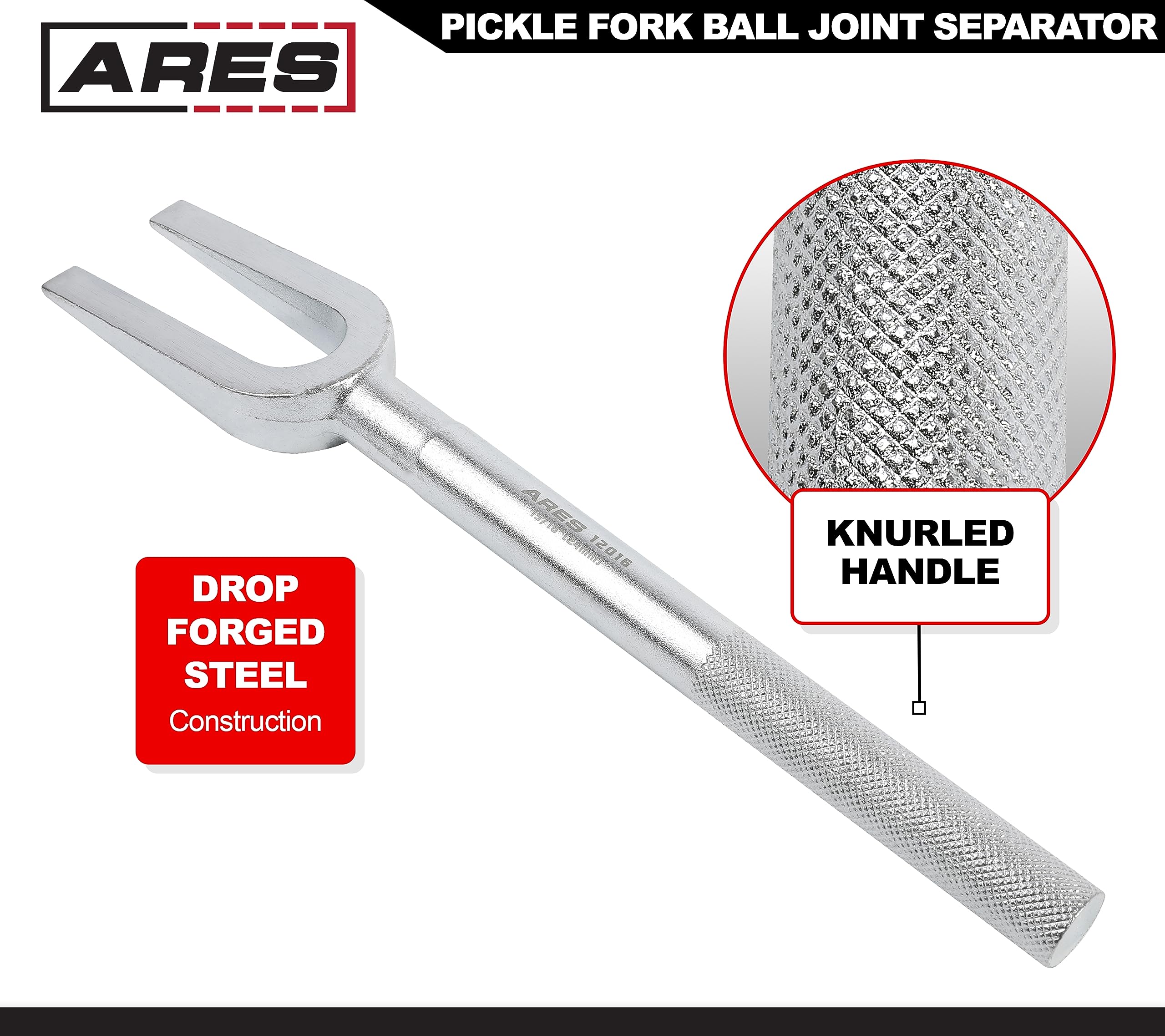 ARES 12016-15/16-inch Pickle Fork Ball Joint Separator - Tempered Drop Forged Steel Construction - 15/16-Inch Tapered Fork with Non-Slip Knurled Handle