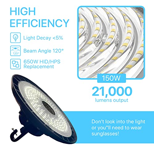 HYPERLITE LED High Bay Light 150W 21000LM 5000K Daylight, 650W MH/HPS Eqv. UFO LED High Bay Light with US Plug(Motion Sensor -not Include), IP65 Waterproof for Shop Barn 1PC