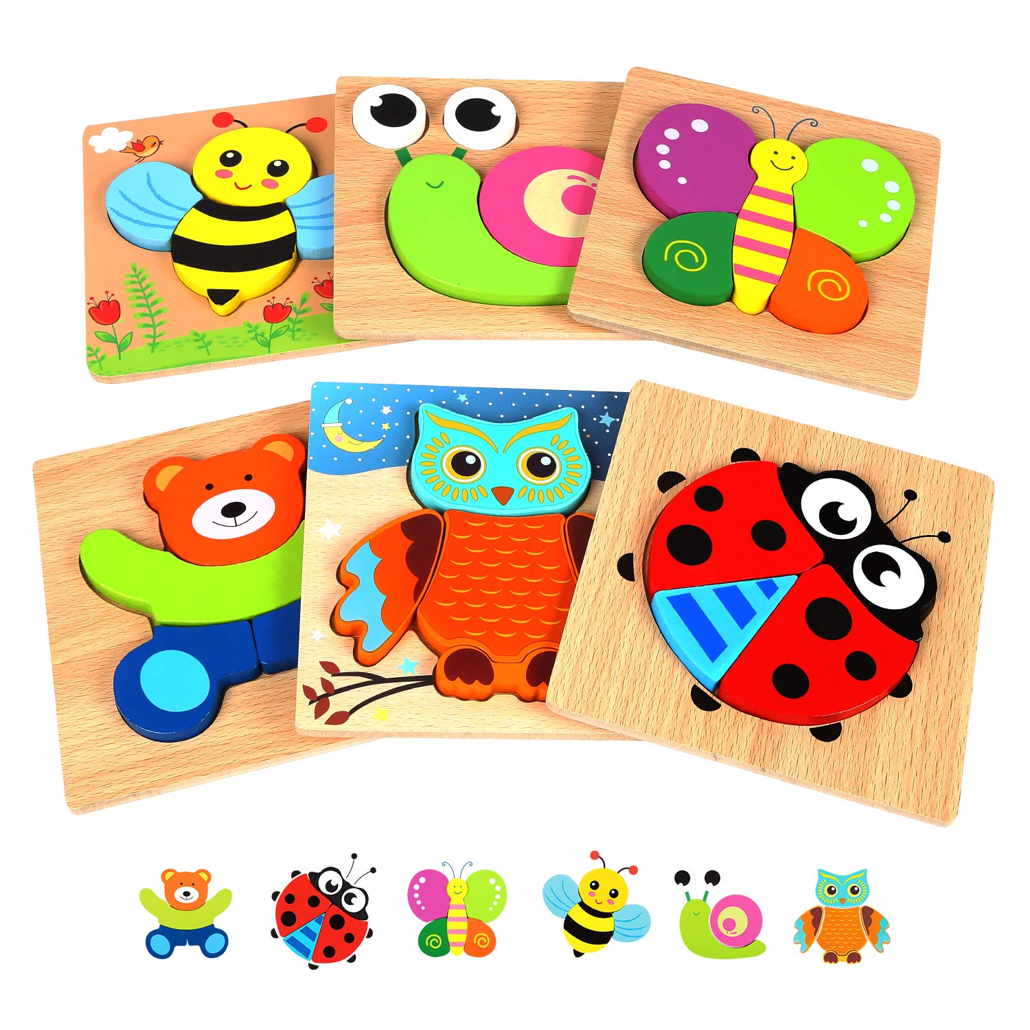 Springflower Wooden Toddler Jigsaw Puzzle Gift Toy for 1 2 3 Years Old Boys and Girls,6 Pack Animal Shape Montessori Toy for Infant,Toddler Sensory Toy,Fine Motor Skill Early Learning Educational Gift