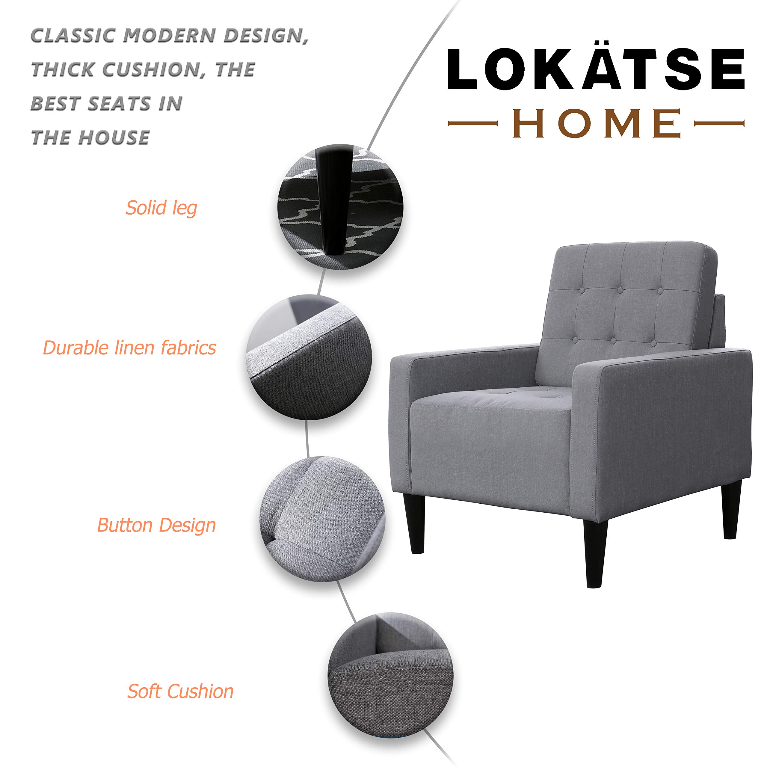 LOKATSE HOME Mid-Century Modern Accent Fabric Arm Chair Comfy Upholstered Single Sofa for Living Room Furniture, Style1, Gray（Style1）