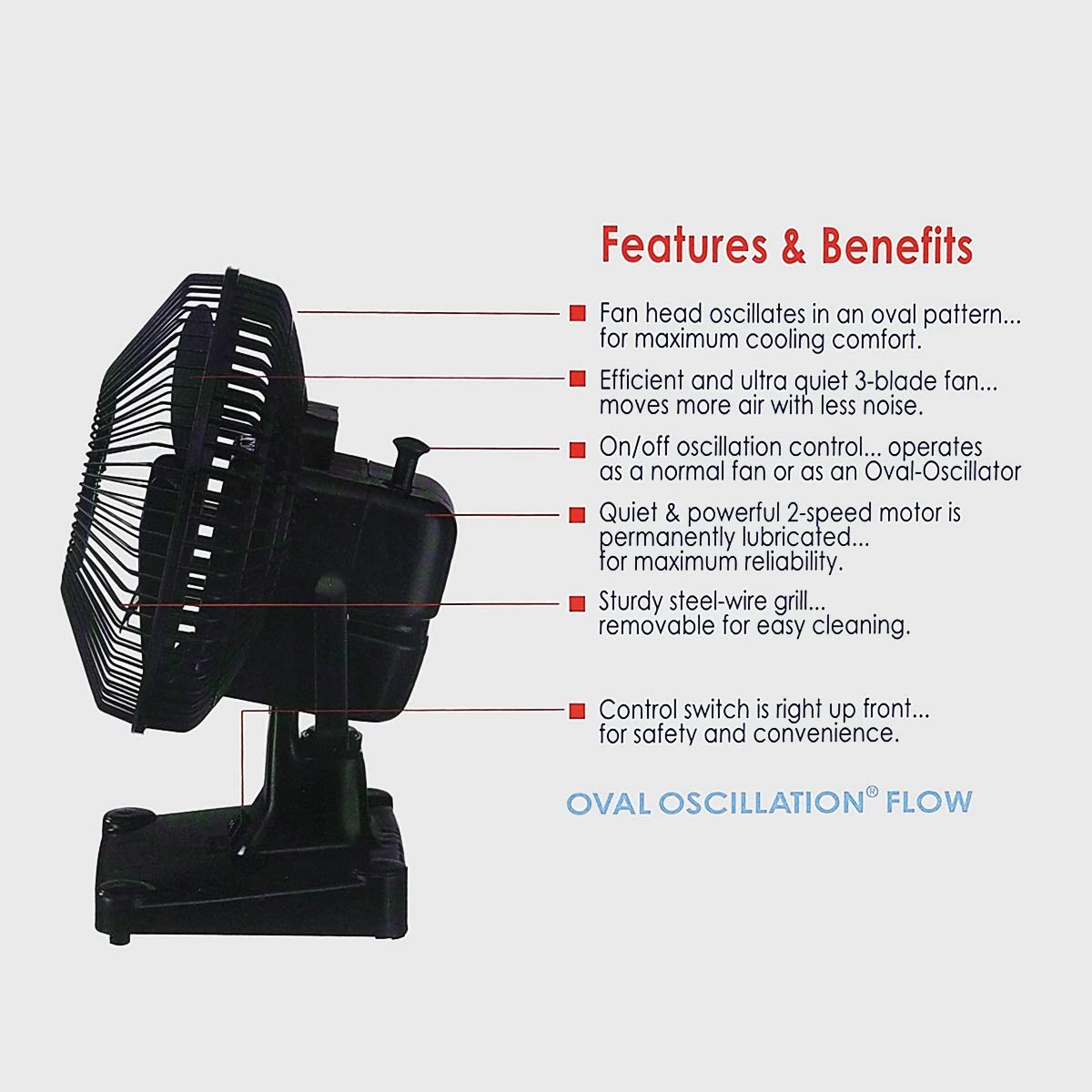 Uninex EK800BKFNSKU Patented Oval Oscillating Up and Down Table Fan, 2-Speed, Compact, ETL Listed, 8-Inch, Black