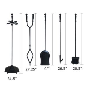 Tosnail 5 Pieces Wrought Iron Fireplace Tools Set - Brush, Shovel, Tong, Poker and Stand Base