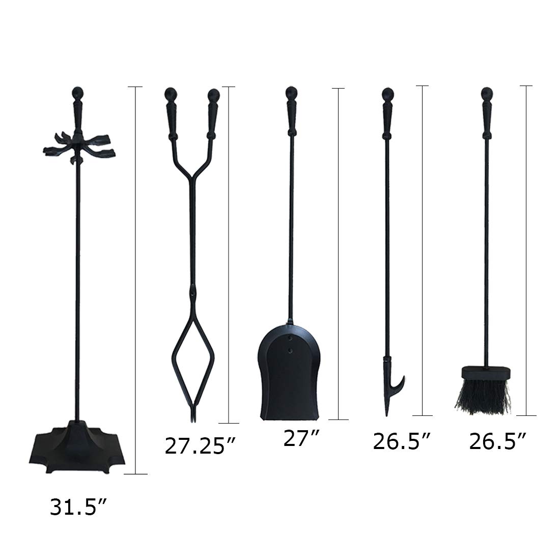 Tosnail 5 Pieces Wrought Iron Fireplace Tools Set - Brush, Shovel, Tong, Poker and Stand Base