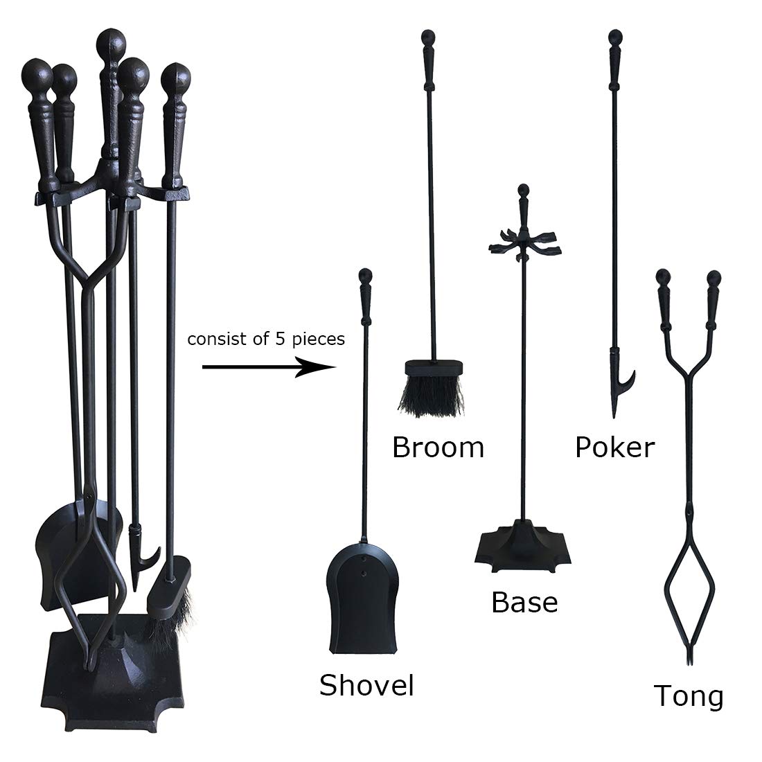 Tosnail 5 Pieces Wrought Iron Fireplace Tools Set - Brush, Shovel, Tong, Poker and Stand Base