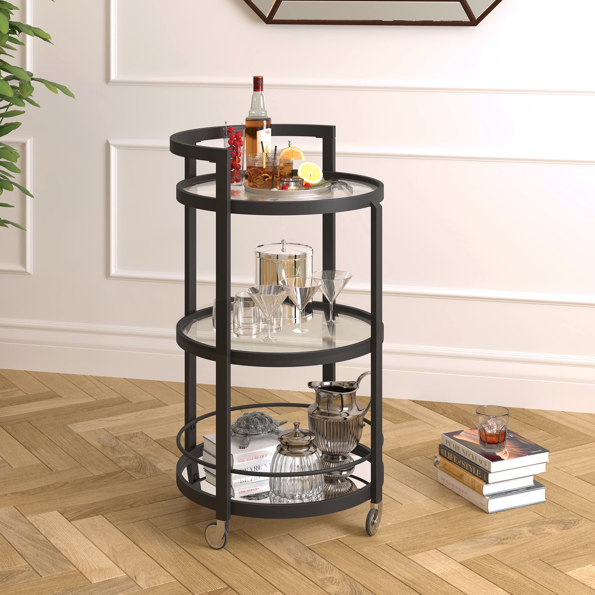 Henn&Hart 21" Wide Round Bar Cart in Blackened Bronze, Bar Carts for the Home