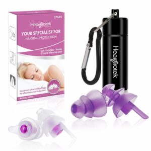 hearprotek sleeping ear plugs, 2 pairs ear plugs (32db & 30db) ultra soft noise reduction and hearing protection earplugs for side sleepers, snoring, travel, working, safety (purple)