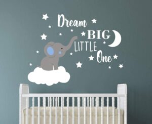 dream big little one elephant wall decal, quote wall stickers, baby room wall decor, vinyl wall decals for children baby kids boy girl bedroom nursery decor y42 (blue,white(boy))