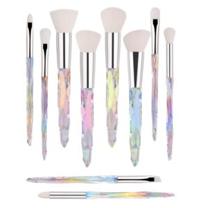 makeup brush set 10 piece essential make-up brushes kit for powder liquid cream cosmetics blending blush concealer brushes transparent plastic handle (white)