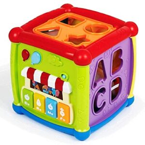 baby activity cube - 6-in-1 musical baby learning toys, play set includes a-b-c-d letters, colorful shape sorter, vehicles puzzle, 4 piano keys and more - astm certified toddler toys