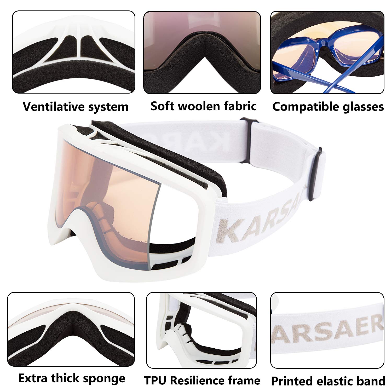 Karsaer Ski Goggles Anti-Fog Snow Goggles OTG 100% UV Protection Snowboard Goggles Bendable Dual-Lenses for Men Women Youth