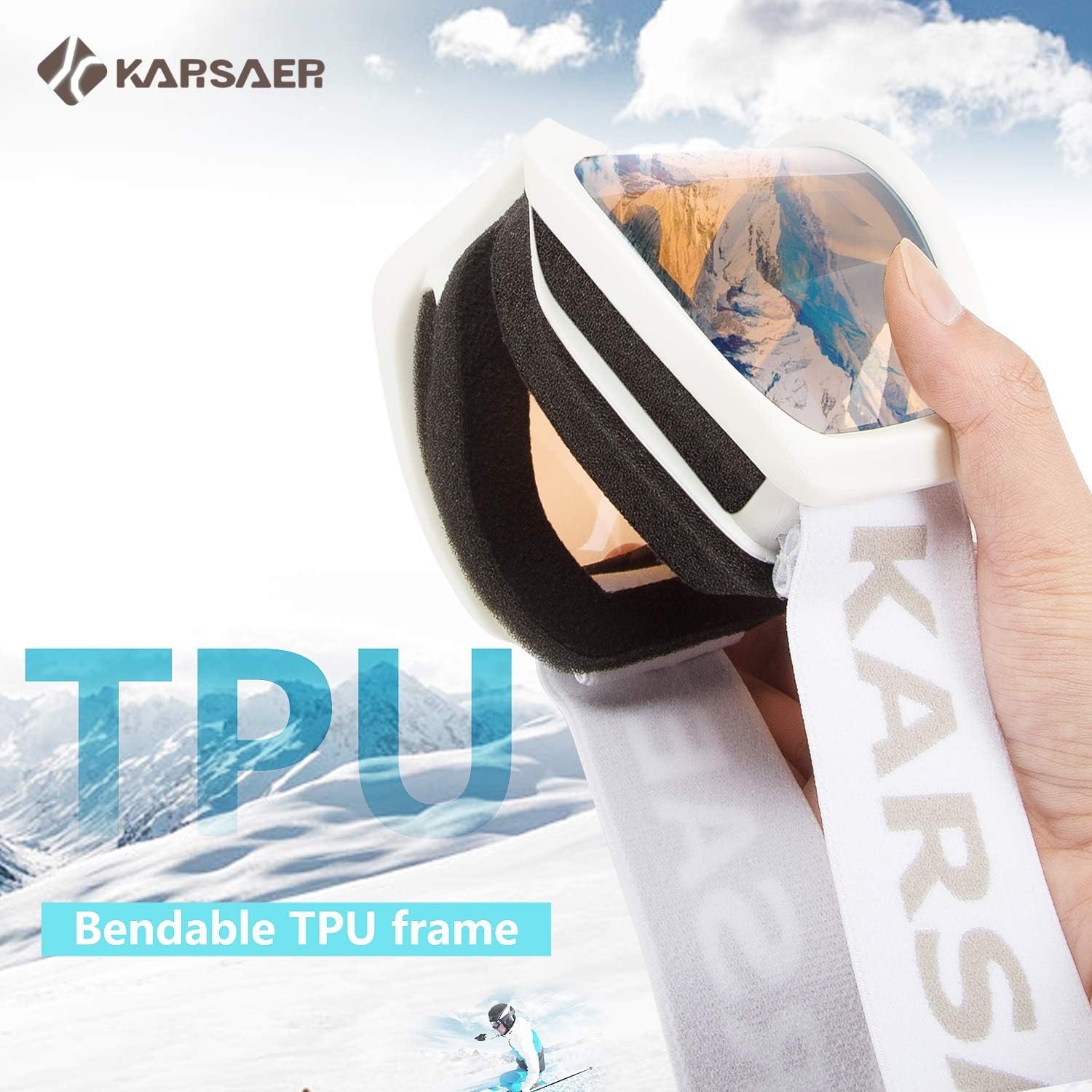 Karsaer Ski Goggles Anti-Fog Snow Goggles OTG 100% UV Protection Snowboard Goggles Bendable Dual-Lenses for Men Women Youth