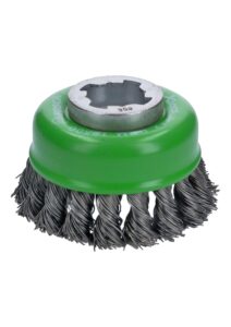 bosch wbx329 3 in. x-lock arbor stainless steel knotted wire single row cup brush for applications in removing weld scale, burrs and corrosion, preparing painting surfaces