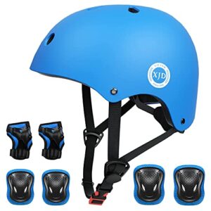 xjd kids bike helmet,multi-sport protective gear set for 3-5-8-14 years boys girls with knee and elbow pads wrist guards fit roller skates,cycling,skateboarding,skating scooter (blue, medium)