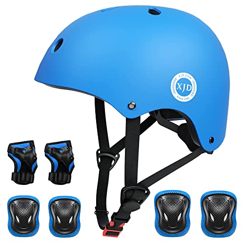 XJD Kids Bike Helmet,Multi-Sport Protective Gear Set for 3-5-8-14 Years Boys Girls with Knee and Elbow Pads Wrist Guards fit Roller Skates,Cycling,Skateboarding,Skating Scooter (Blue, Medium)