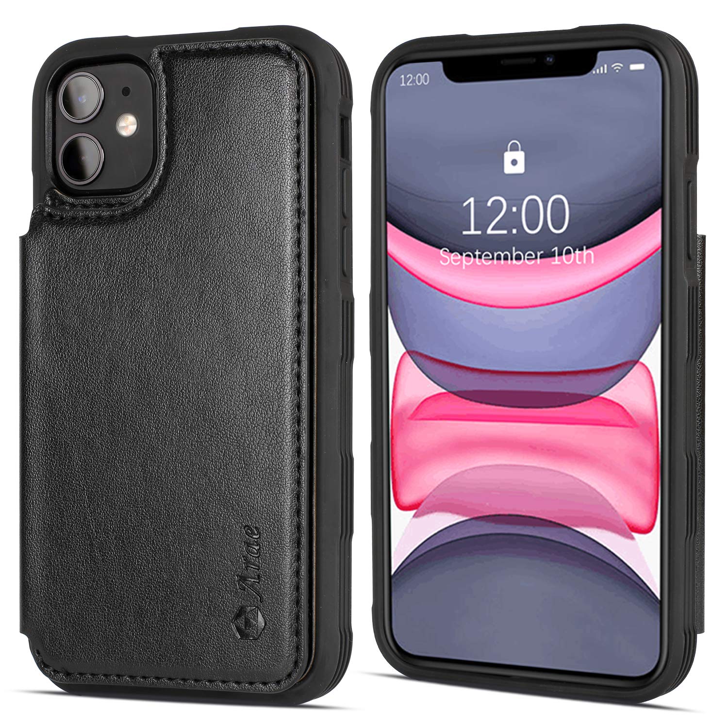 Arae Compatible for iPhone 11 Case with Card Holder - Wallet Case with PU Leather Card Pockets Back Flip Cover for iPhone 11 6.1 inch - Black