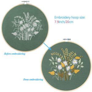 3 Pack Embroidery Starter Kit with Pattern, Kissbuty Full Range of Stamped Embroidery Kit Including Embroidery Fabric with Pattern, Bamboo Embroidery Hoops, Color Threads and Tools Kit (Floral Plants)