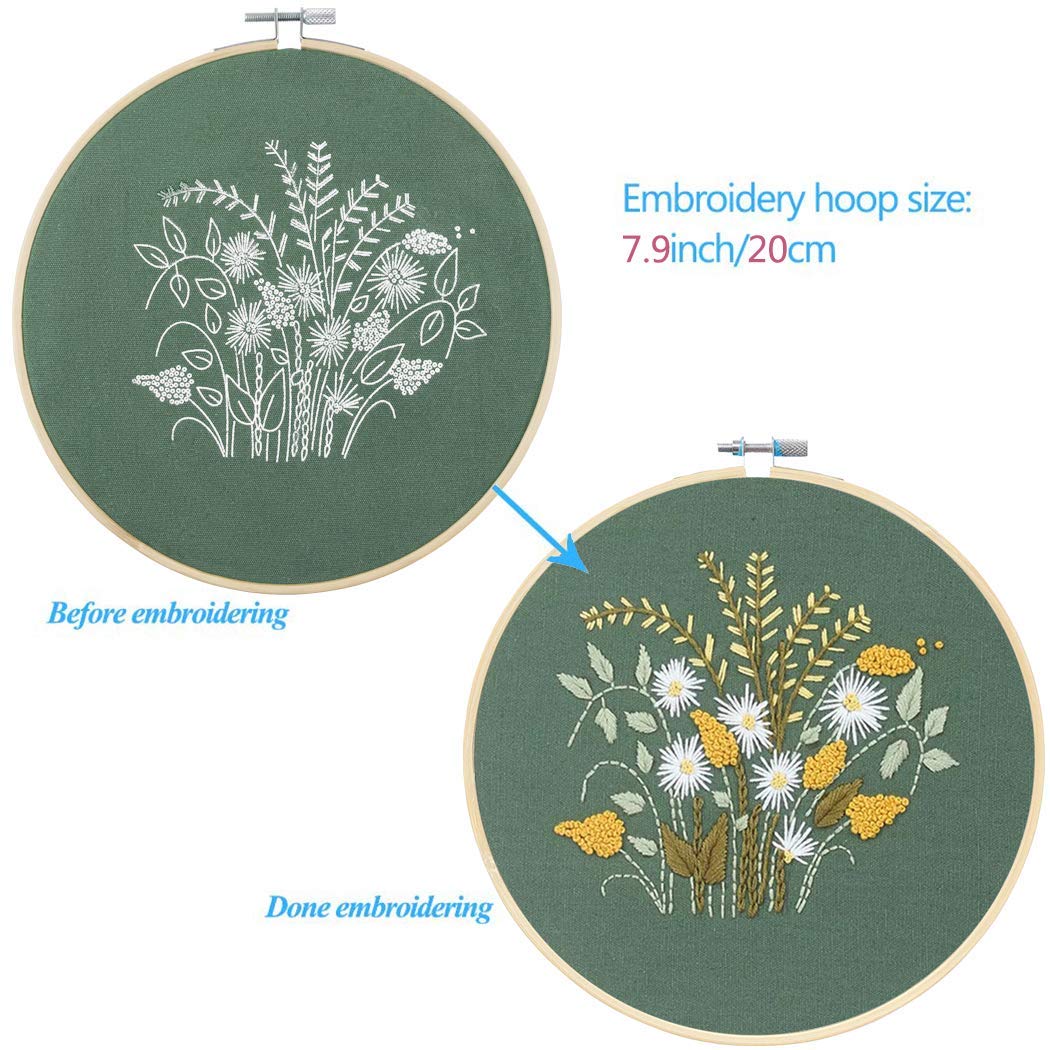 3 Pack Embroidery Starter Kit with Pattern, Kissbuty Full Range of Stamped Embroidery Kit Including Embroidery Fabric with Pattern, Bamboo Embroidery Hoops, Color Threads and Tools Kit (Floral Plants)