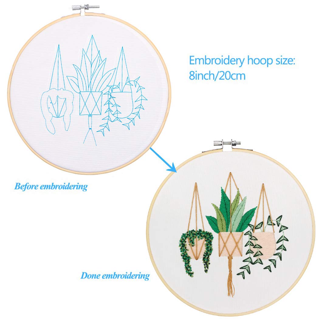 3 Pack Embroidery Starter Kit with Pattern, Kissbuty Full Range of Stamped Embroidery Kit Including Embroidery Fabric with Pattern, Bamboo Embroidery Hoops, Color Threads and Tools Kit (Floral Plants)