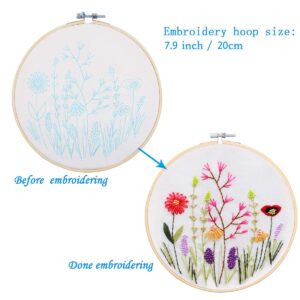 3 Pack Embroidery Starter Kit with Pattern, Kissbuty Full Range of Stamped Embroidery Kit Including Embroidery Fabric with Pattern, Bamboo Embroidery Hoops, Color Threads and Tools Kit (Floral Plants)