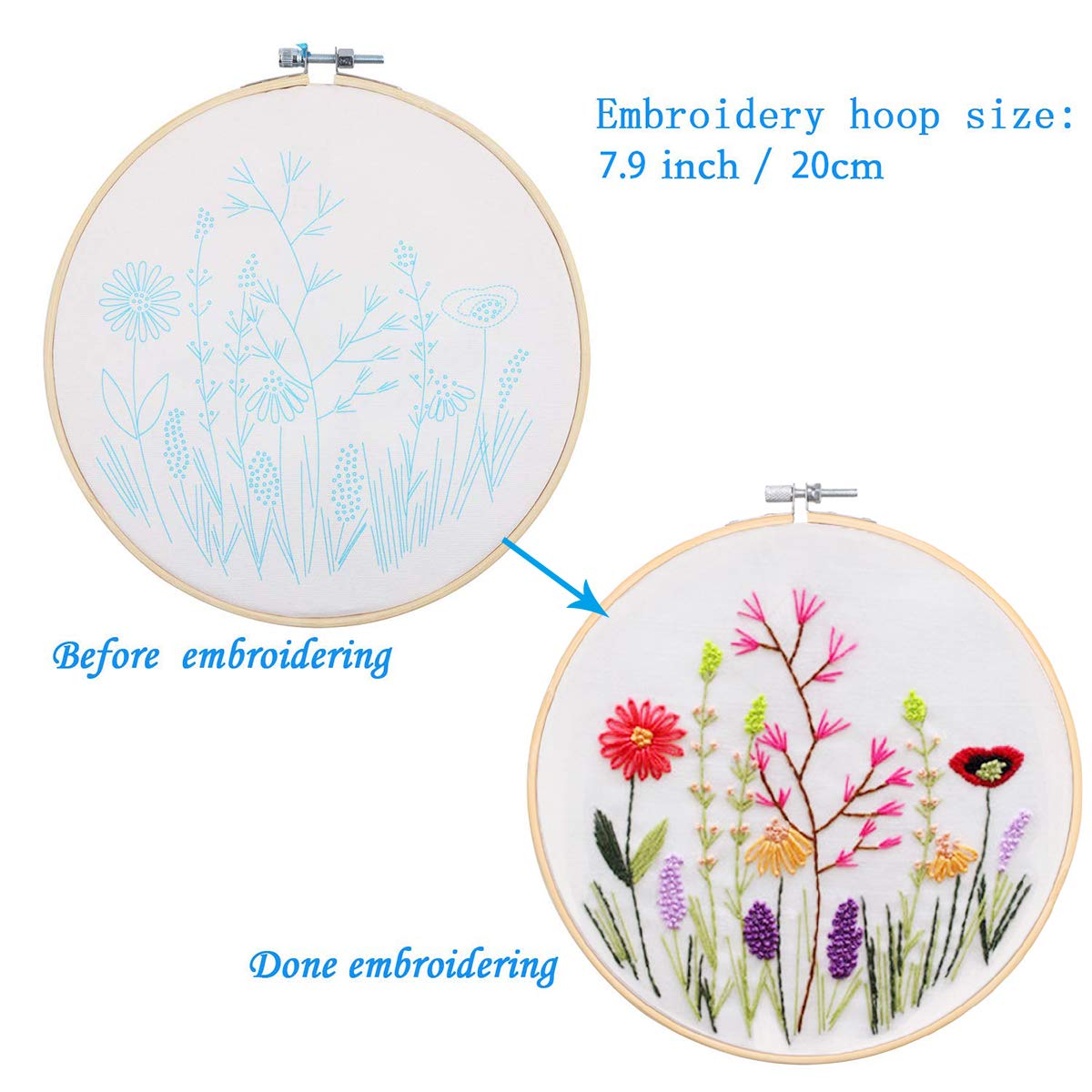 3 Pack Embroidery Starter Kit with Pattern, Kissbuty Full Range of Stamped Embroidery Kit Including Embroidery Fabric with Pattern, Bamboo Embroidery Hoops, Color Threads and Tools Kit (Floral Plants)