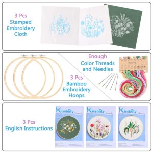 3 Pack Embroidery Starter Kit with Pattern, Kissbuty Full Range of Stamped Embroidery Kit Including Embroidery Fabric with Pattern, Bamboo Embroidery Hoops, Color Threads and Tools Kit (Floral Plants)