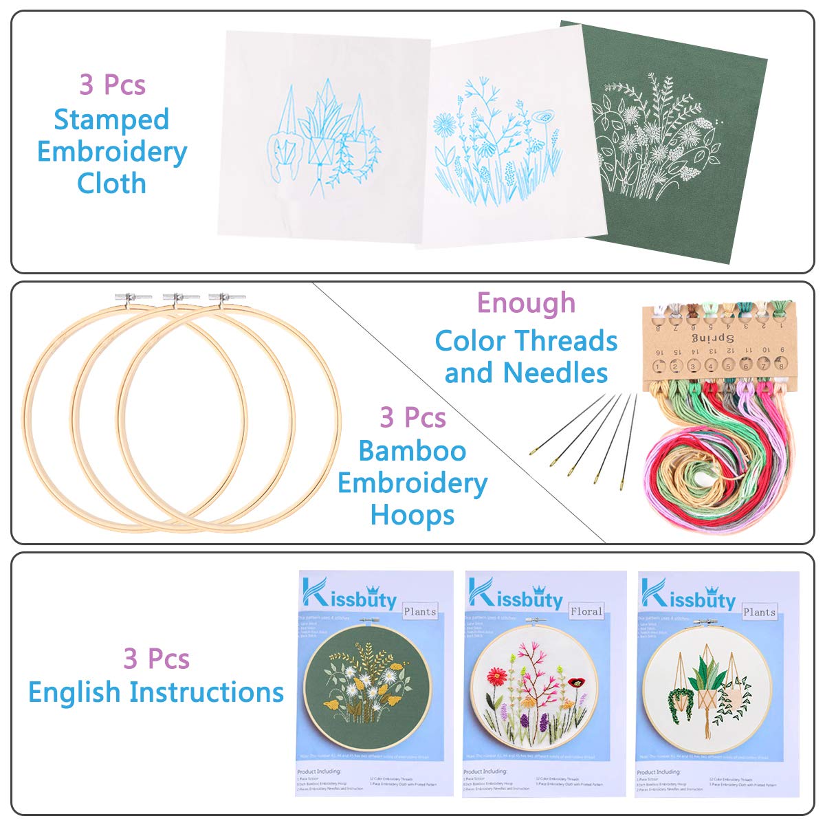 3 Pack Embroidery Starter Kit with Pattern, Kissbuty Full Range of Stamped Embroidery Kit Including Embroidery Fabric with Pattern, Bamboo Embroidery Hoops, Color Threads and Tools Kit (Floral Plants)