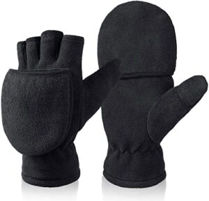 bessteven winter fingerless gloves for men women | convertible flip top mittens - thermal polar fleece warm lightweight for texting jogging - black medium