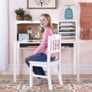 guidecraft children’s media desk and chair set – white: student's study computer workstation with hutch and storage, wooden kids bedroom furniture