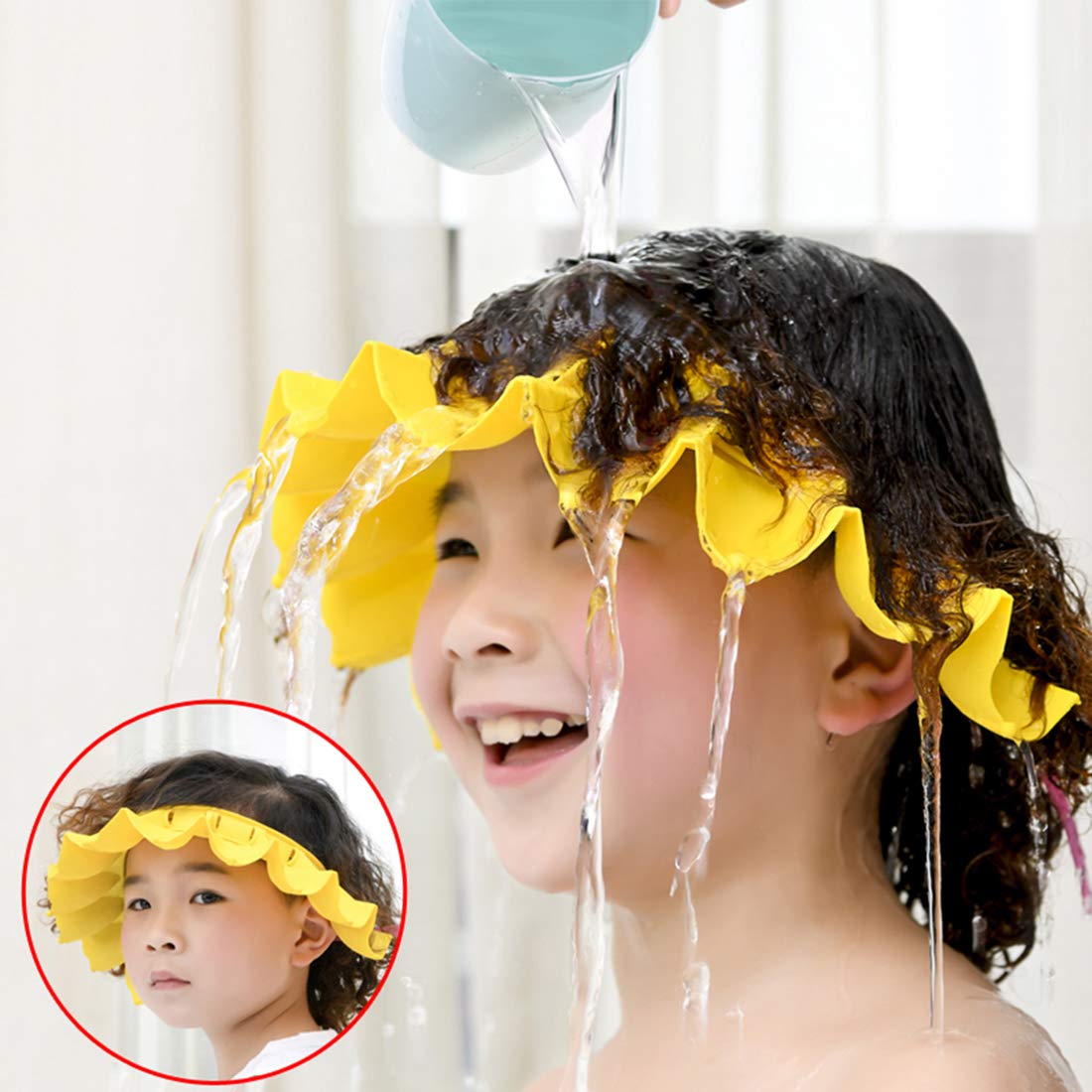 Baby Shower Cap Silicone Bathing Hat, Adjustable Shower Cap Kids, Infants Soft Protection Hat Safety Visor Cap Hat for Toddler Children (Yellow, Big Size(1-12 Years old/16.5-22.8 Inches))