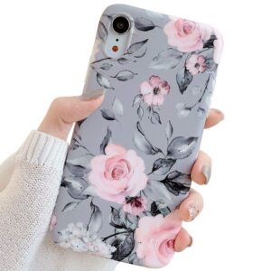 yelovehaw for iphone xr case for girls, flexible soft slim fit full protective cute shell phone case cover with purple floral and gray leaves pattern for iphone xr 6.1 inch (pink flowers)