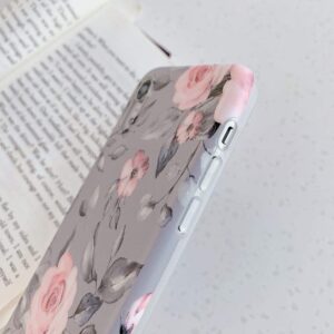 YeLoveHaw for iPhone XR Case for Girls, Flexible Soft Slim Fit Full Protective Cute Shell Phone Case Cover with Purple Floral and Gray Leaves Pattern for iPhone XR 6.1 Inch (Pink Flowers)