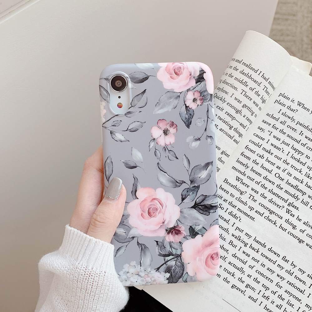 YeLoveHaw for iPhone XR Case for Girls, Flexible Soft Slim Fit Full Protective Cute Shell Phone Case Cover with Purple Floral and Gray Leaves Pattern for iPhone XR 6.1 Inch (Pink Flowers)