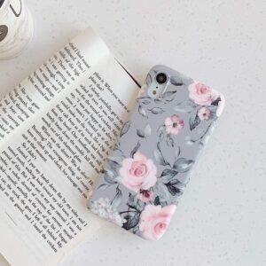 YeLoveHaw for iPhone XR Case for Girls, Flexible Soft Slim Fit Full Protective Cute Shell Phone Case Cover with Purple Floral and Gray Leaves Pattern for iPhone XR 6.1 Inch (Pink Flowers)