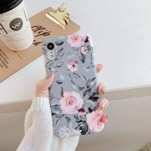 YeLoveHaw for iPhone XR Case for Girls, Flexible Soft Slim Fit Full Protective Cute Shell Phone Case Cover with Purple Floral and Gray Leaves Pattern for iPhone XR 6.1 Inch (Pink Flowers)