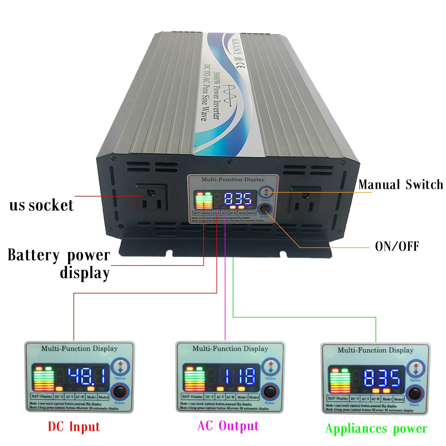 KRXNY 3000W Off Grid Pure Sine Wave Power Inverter 48V DC to 110V 120V AC 60HZ with LCD Display