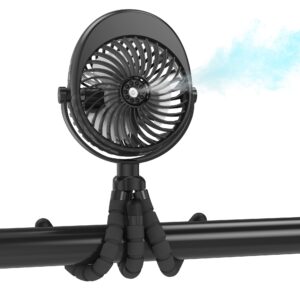 comlife misting stroller fan, 2500mah battery powered personal desk fan with flexible tripod, 3 speed usb fan for stroller office camping,black