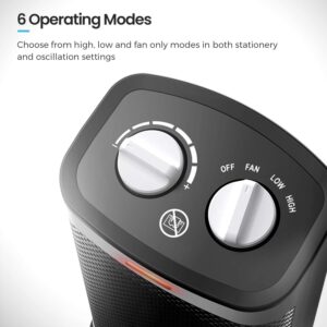 Pro Breeze Oscillating Ceramic Space Heater 1500W – Heater Fan with 6 Operation Modes, Adjustable Thermostat, Overheat Protection and Tip-over Switch – Fan Heater for Home Office, Bedroom, Desk