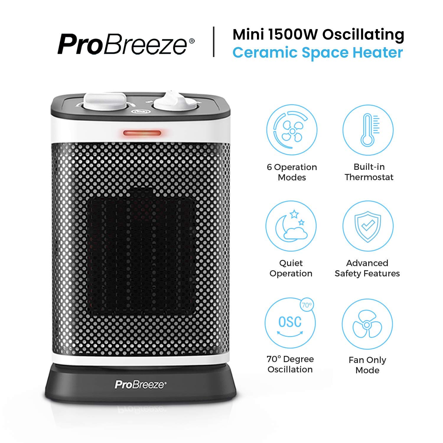 Pro Breeze Oscillating Ceramic Space Heater 1500W – Heater Fan with 6 Operation Modes, Adjustable Thermostat, Overheat Protection and Tip-over Switch – Fan Heater for Home Office, Bedroom, Desk