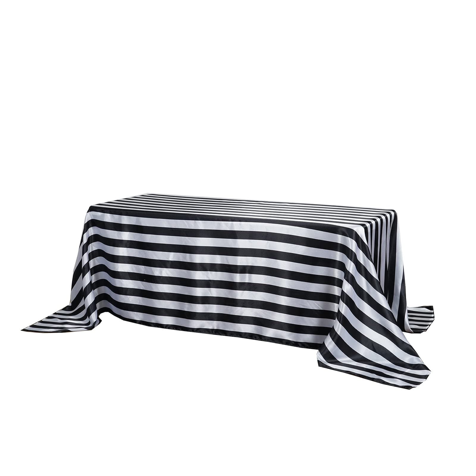 Tableclothsfactory 90"x132" Black & White Stripe Satin Rectangle Tablecloth Seamless Tablecloth for Wedding Party Event