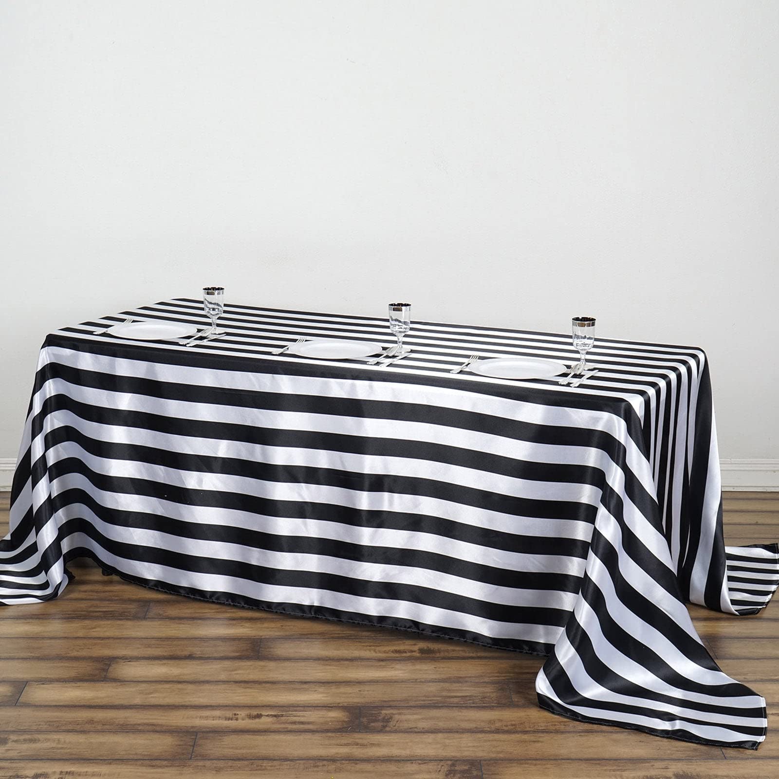 Tableclothsfactory 90"x132" Black & White Stripe Satin Rectangle Tablecloth Seamless Tablecloth for Wedding Party Event