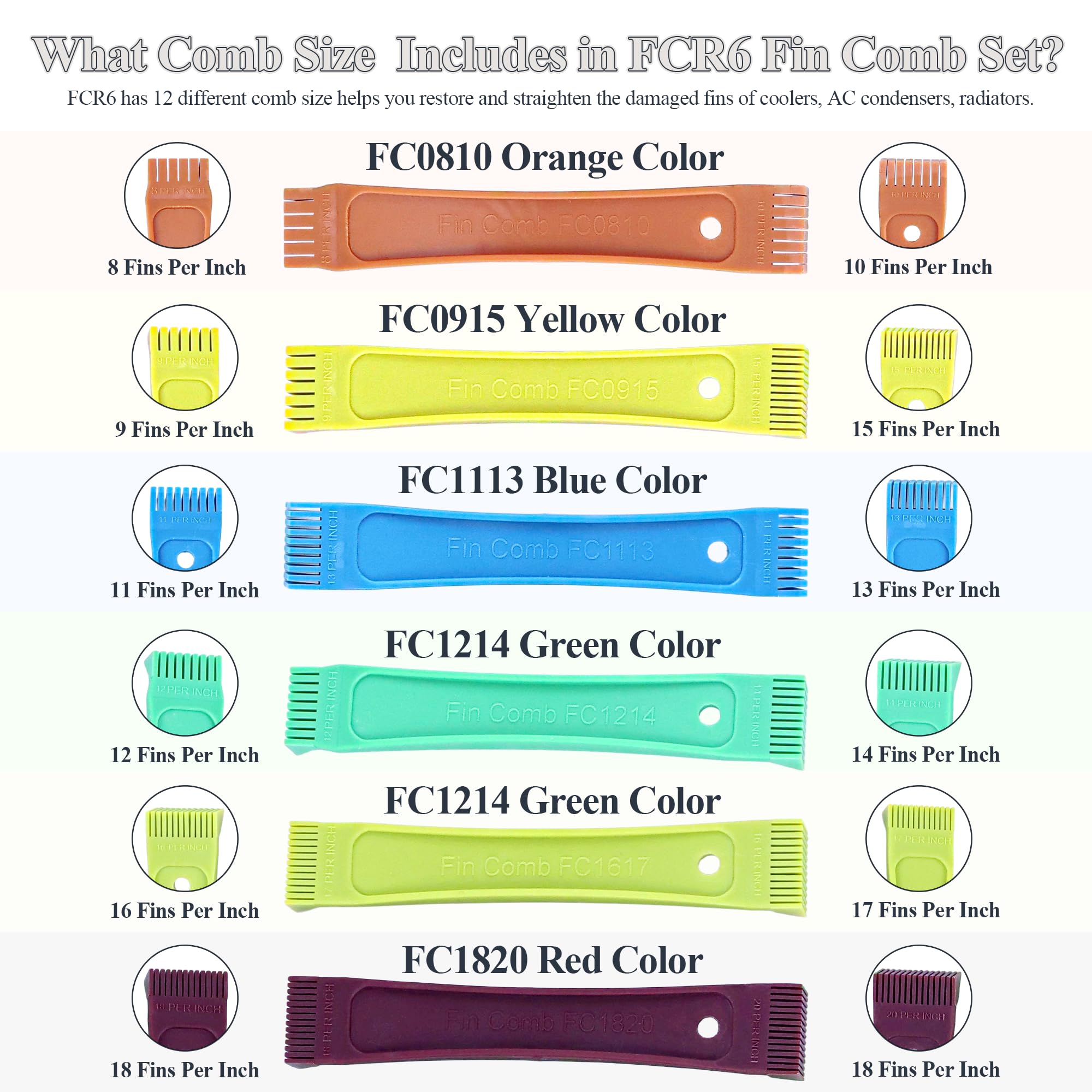 FCR6 Fin Comb Tool Set for Straighten A/C Evaporator Condensor Coils by prime&swift