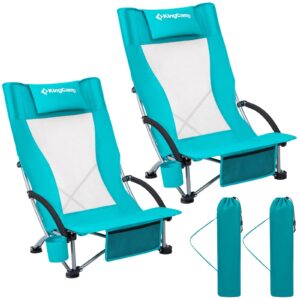 kingcamp folding backpack beach chair 2 pack, sturdy & lightweight high back camping chair with headrest, cup holder, seatback pocket, for outdoor sand