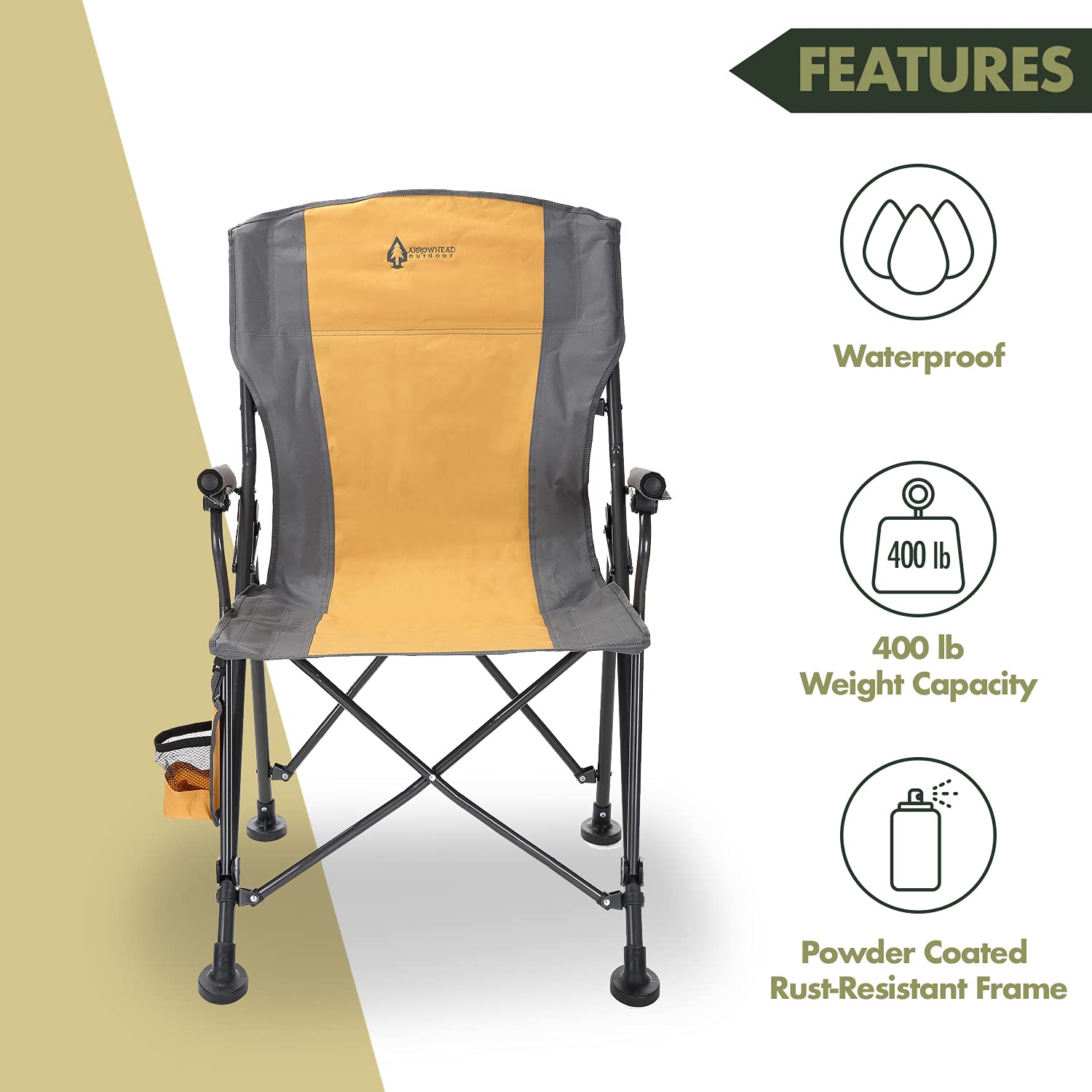 ARROWHEAD OUTDOOR Heavy-Duty Solid Hard-Arm High-Back Folding Camping Quad Chair, Heavy-Duty Carrying Bag, Cup Holder Included w/Side Pouch, Supports up to 400lbs, USA-Based Support (Tan & Gray)