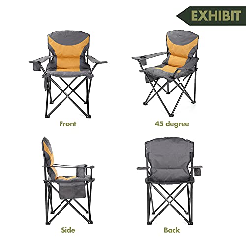 ARROWHEAD OUTDOOR Portable Folding Camping Quad Chair w/Added Ultra-Comfortable Padding, Cup-Holder, Heavy-Duty Carrying Bag, Padded Armrests, Supports up to 330lbs, USA-Based Support (Tan & Gray)