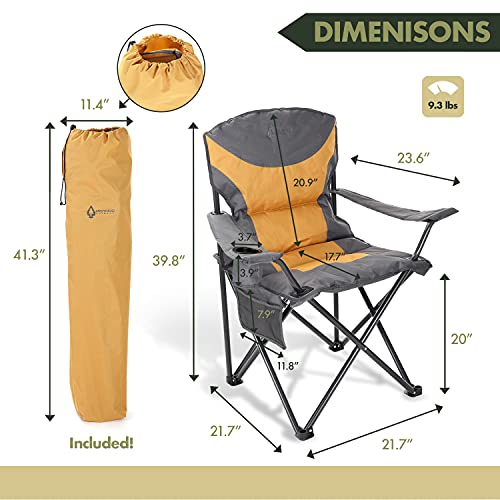 ARROWHEAD OUTDOOR Portable Folding Camping Quad Chair w/Added Ultra-Comfortable Padding, Cup-Holder, Heavy-Duty Carrying Bag, Padded Armrests, Supports up to 330lbs, USA-Based Support (Tan & Gray)